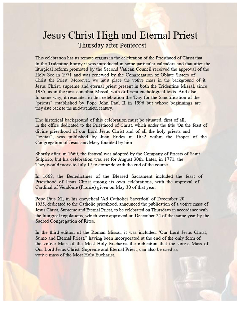 Jesus Christ High and Eternal Priest | PDF | Mass (Liturgy) | Catholic ...