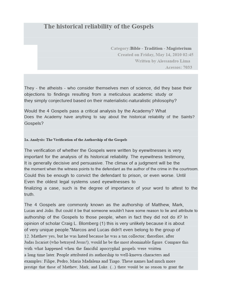 The Historical Reliability of The Gospels | PDF | John The Apostle ...