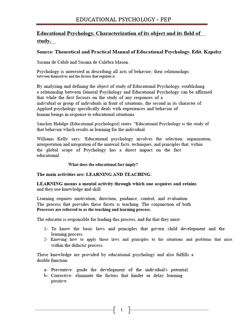 Educational Psychology Characterization of Its Field and Object of ...