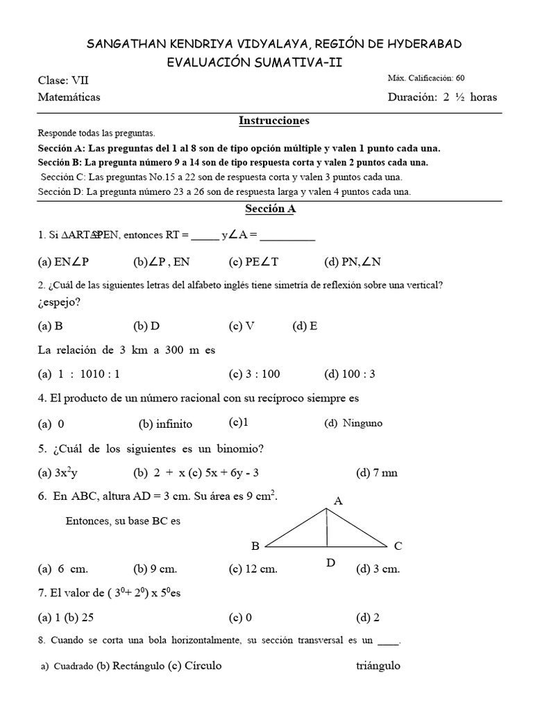 Papers de Muestra de CBSE para Matemáticas de Clase 7 SA2 | PDF