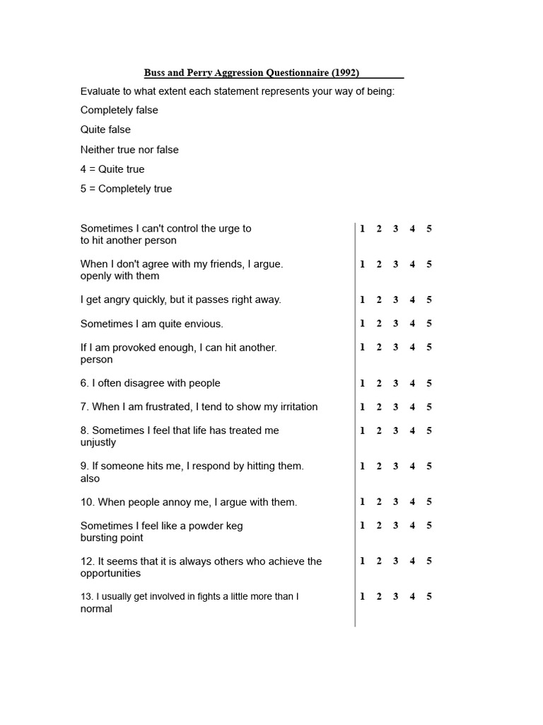 Aggressiveness Questionnaire (AQ, Buss and Perry) | PDF | Aggression ...