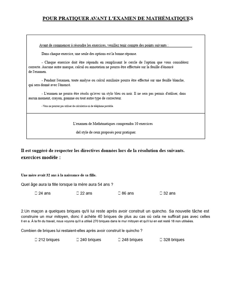 Examen de mathématiques : exercices pratiques | PDF | Mathématiques
