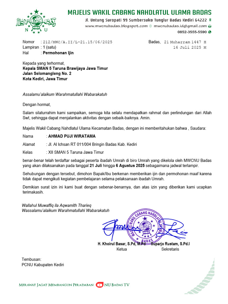 Surat Izin Umrah untuk Siswa SMAN 5 | PDF