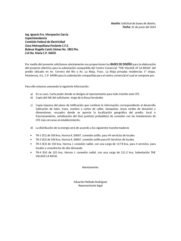 Carta Solicitud de Bases de Diseño | PDF