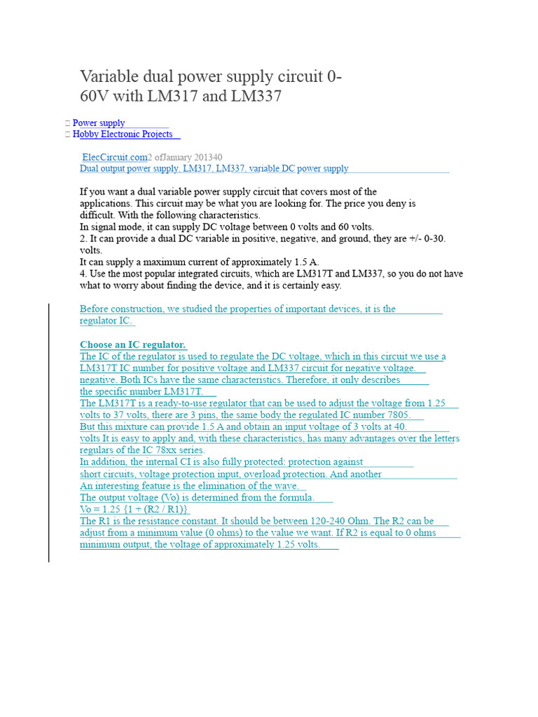 Dual Variable Power Supply Circuit 0-60V With LM317 and LM337 - 02 | PDF | Power Supply | Voltage