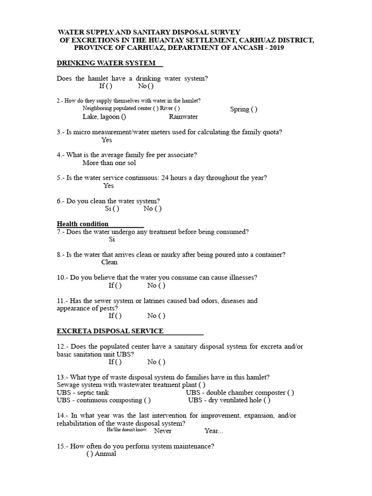 Water Supply and Sanitation of Excreta Disposal Survey in The Huantay ...