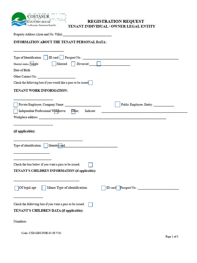 Tenant Registration Form Individual - Owner Legal Entity | PDF ...