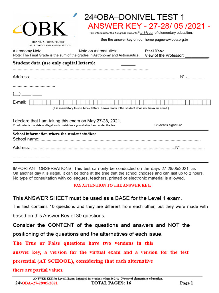 ANSWER KEY For Level 1 of The 24th OBA of 2021 | PDF | Planets | Sun