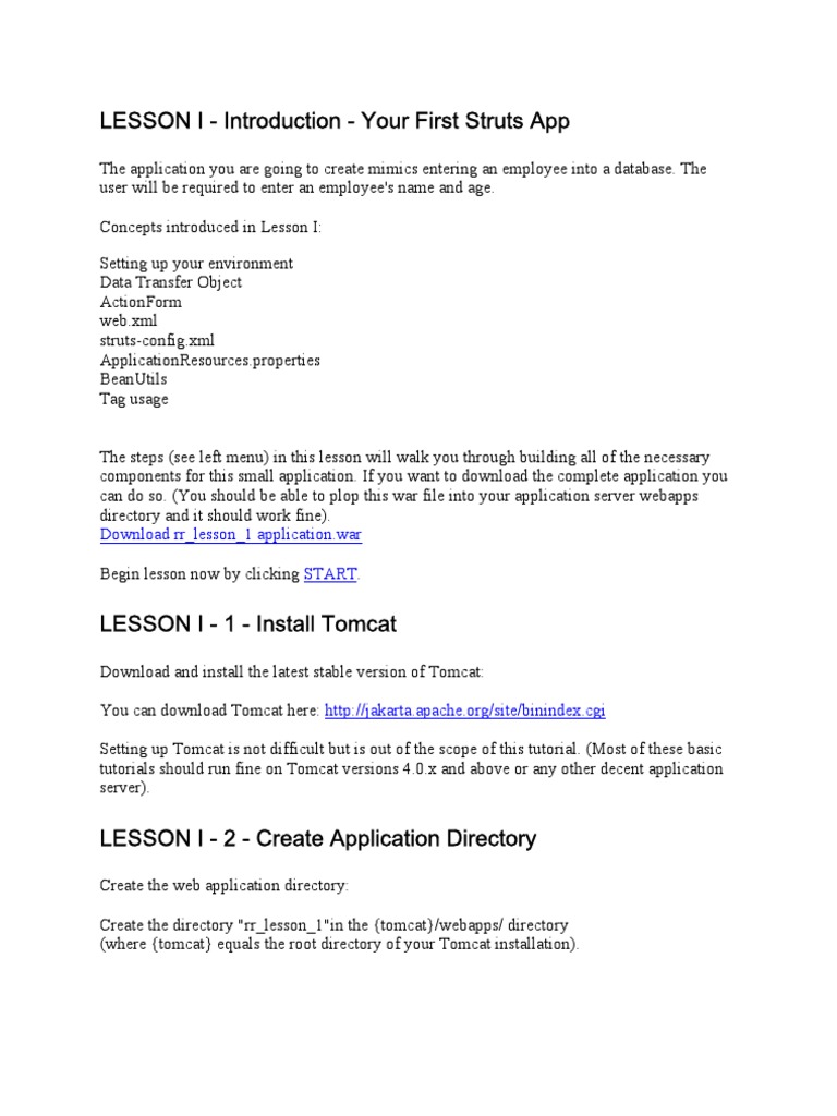 LESSON I - Introduction - Your First Struts App: Download RR - Lesson - 1 Application - War ...