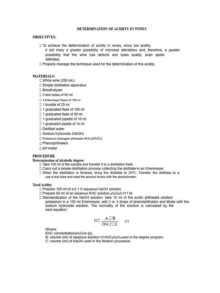 Determination of Acidity in Wines | PDF | Titration | Chemistry