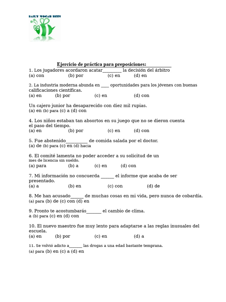 Ejercicios de Preposiciones en Español | PDF