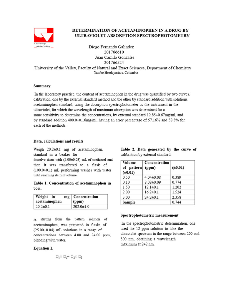 Acetaminophen Quantification via UV Spectrophotometry | PDF ...