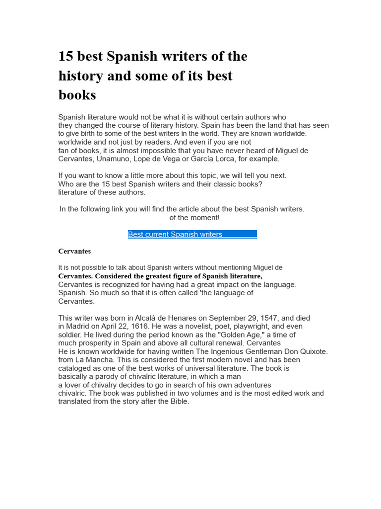 15 Best Spanish Writers in History and Some of Their Best Books | PDF ...