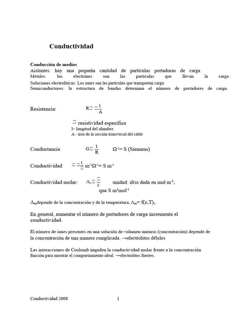Conductividad: Resistencia: Resistividad Específica | PDF ...