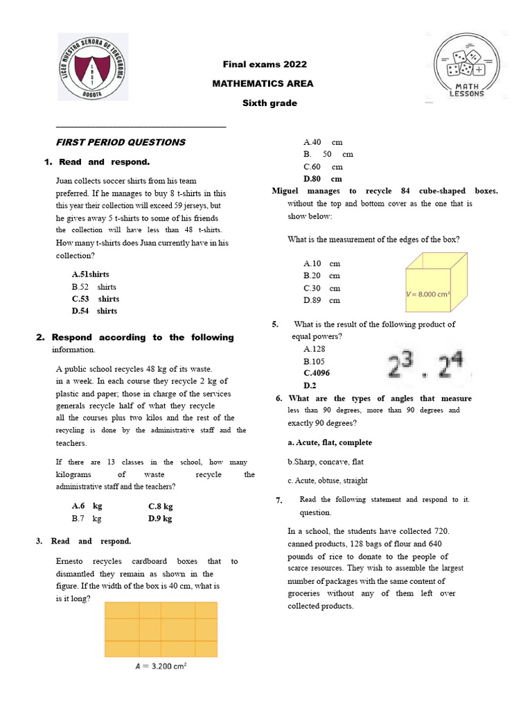 Final Exam Mathematics SIXTH 2022 | PDF | Mathematics