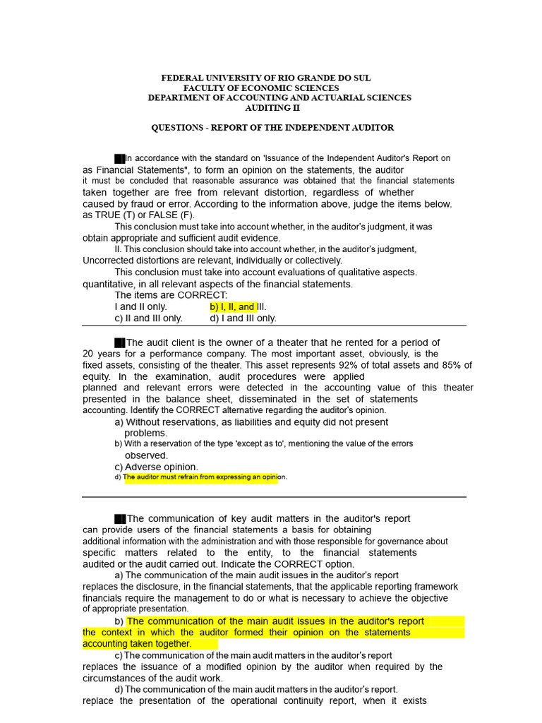 Activity - Audit Report Questions Answer Key | PDF | Auditor's Report ...