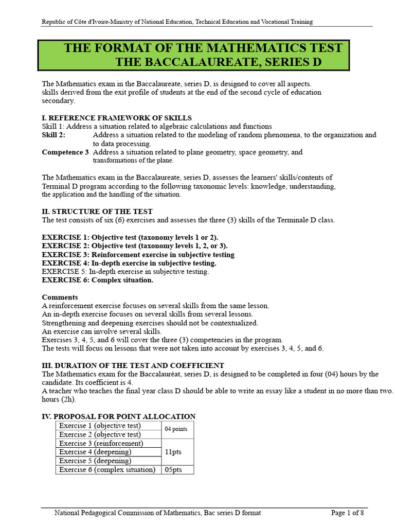 Mathematics Test Format for Bac D | PDF | Mathematics | Vocational ...