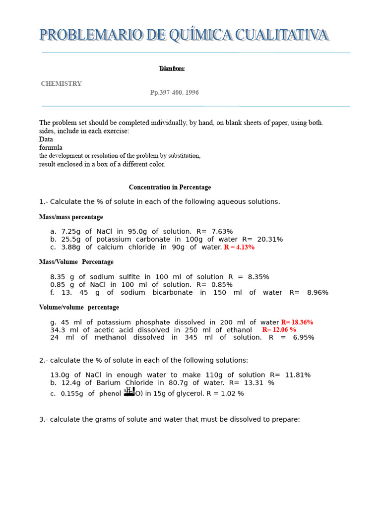 PROBLEMATIC SOLUTIONS Molarity PPM Normality % Molality | PDF | Acid ...