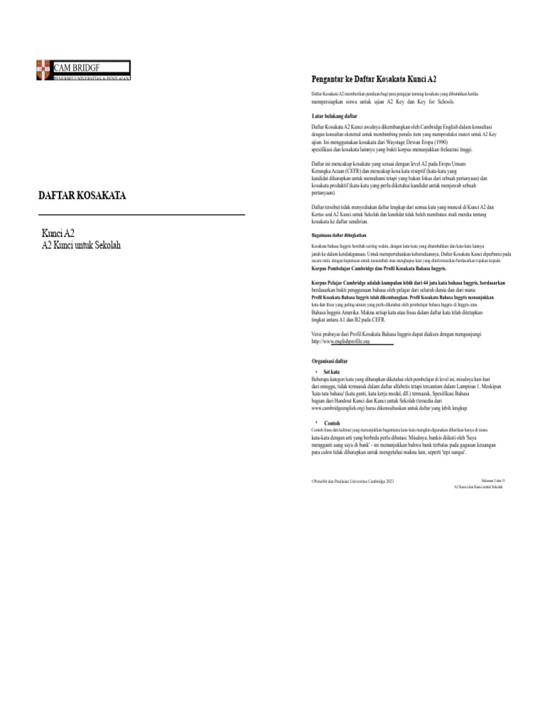 Daftar Kosakata Kunci A2 | PDF