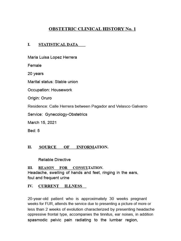 Obstetric Clinical History: Pre-Eclampsia Case | PDF | Vagina | Lung