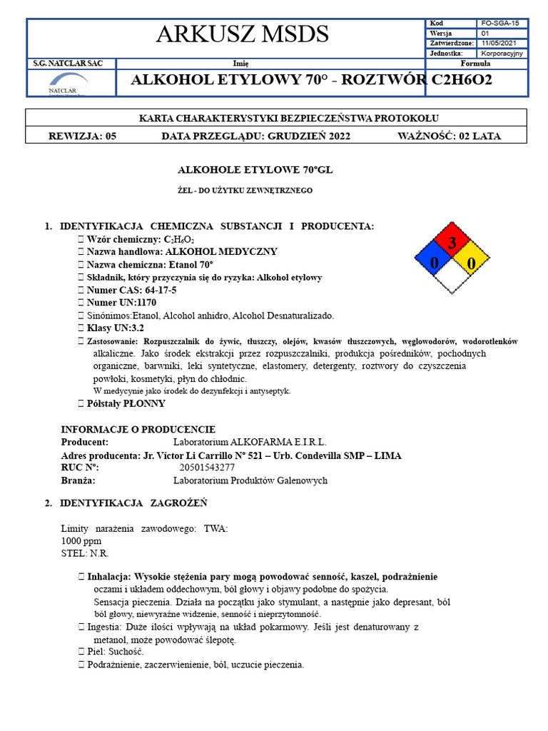 MSDS - Alkohol Etylowy 70ºgl | PDF