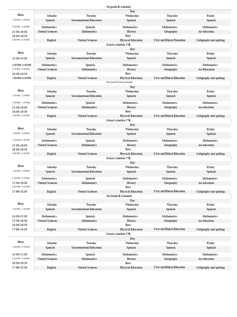 Example of A 5th Grade Schedule | PDF | Natural Sciences