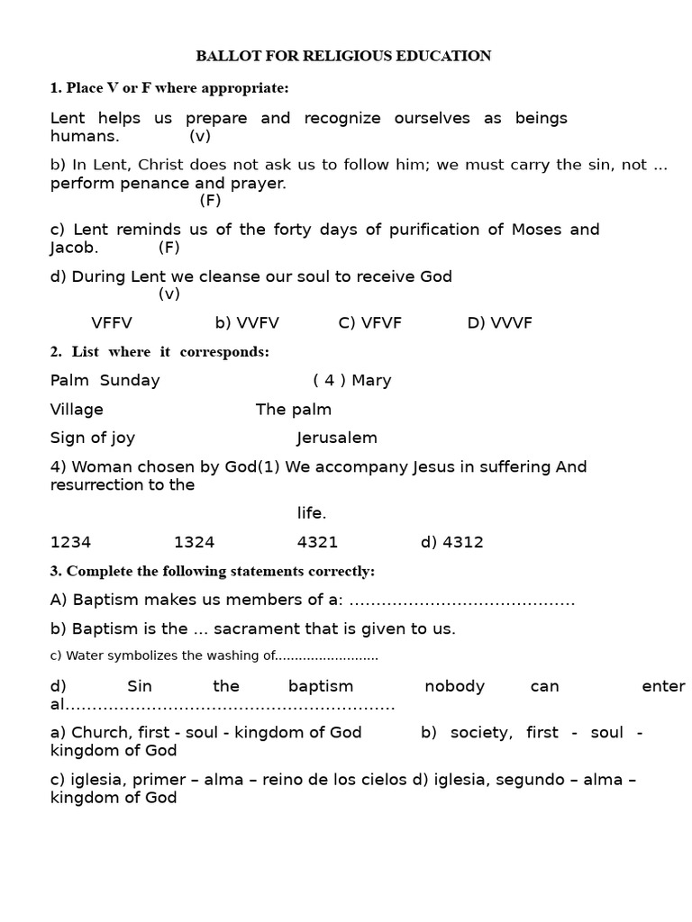 Lent and Religious Education Quiz | PDF | Baptism | Ten Commandments