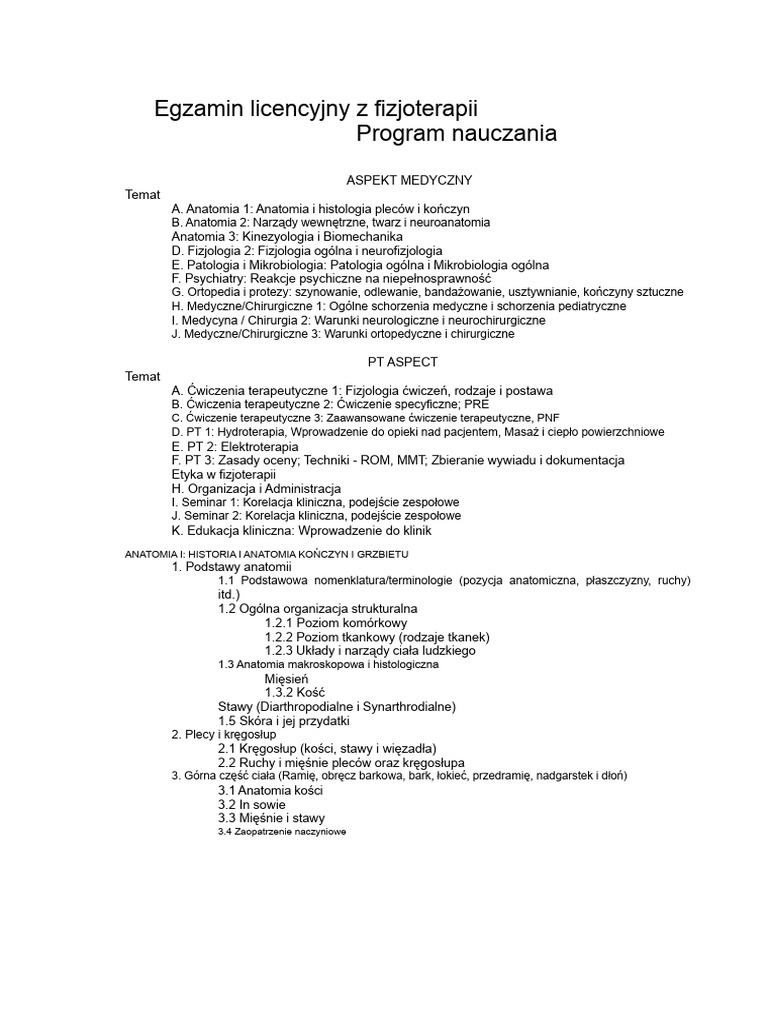 Program Nauczania Egzaminu Licencyjnego Z Fizjoterapii (Filipiny) | PDF
