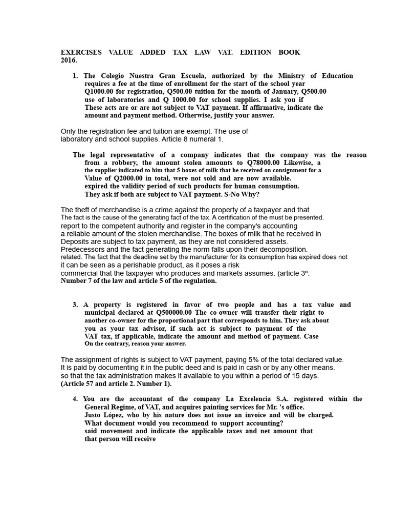 VAT Law Exercises and Tax Implications | PDF | Value Added Tax | Taxes