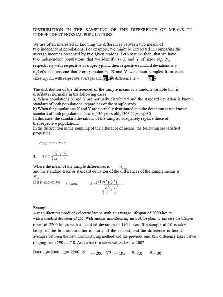 Difference of Means in Normal Populations | PDF | Standard Deviation | Mean