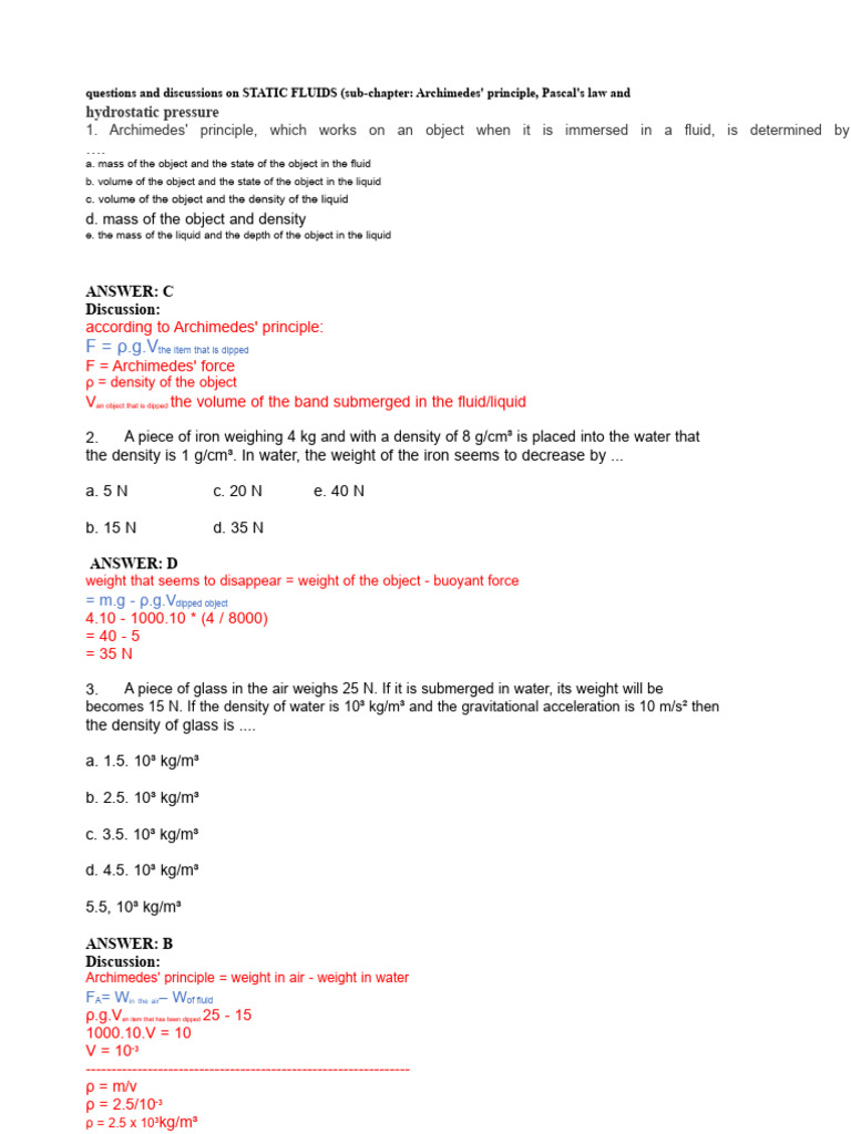 Static Fluids: Archimedes' Principle Explained | PDF | Buoyancy | Density
