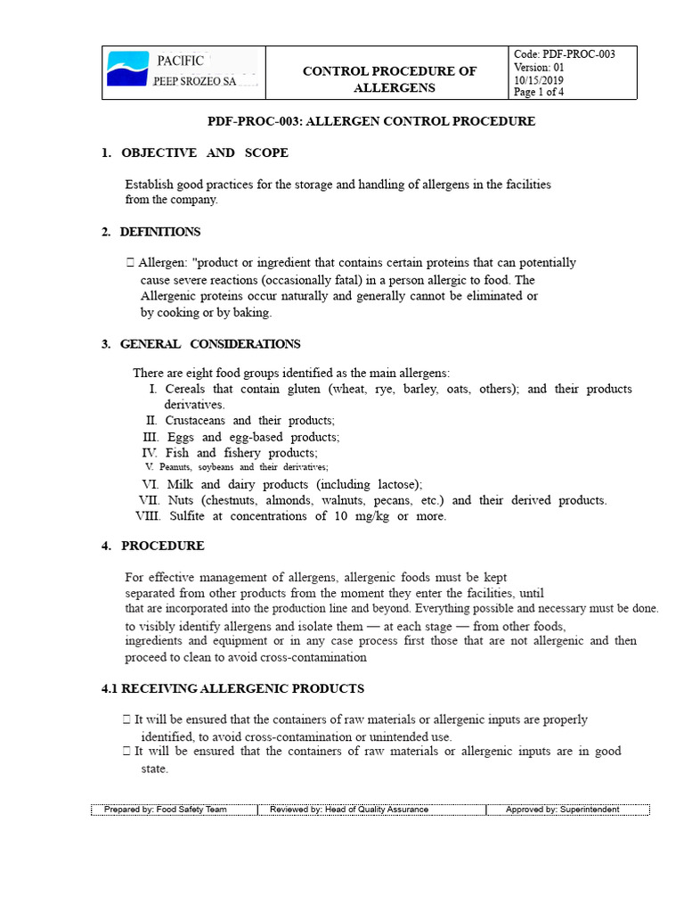 Allergen Control Procedure Guide | PDF | Food Industry