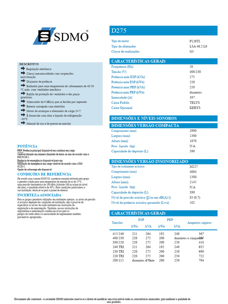 Especificações do Gerador D275 | PDF | Motores | Acústica
