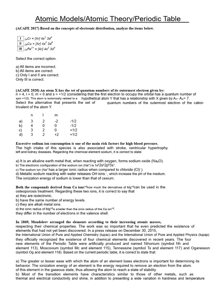 2 Exercises Atomic Models Atomic Structure and Periodic Table | PDF ...