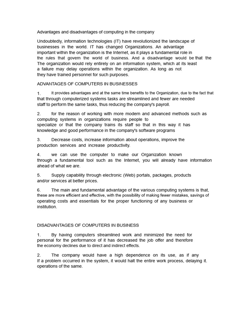 Advantages and Disadvantages of Information Technology in The Company ...