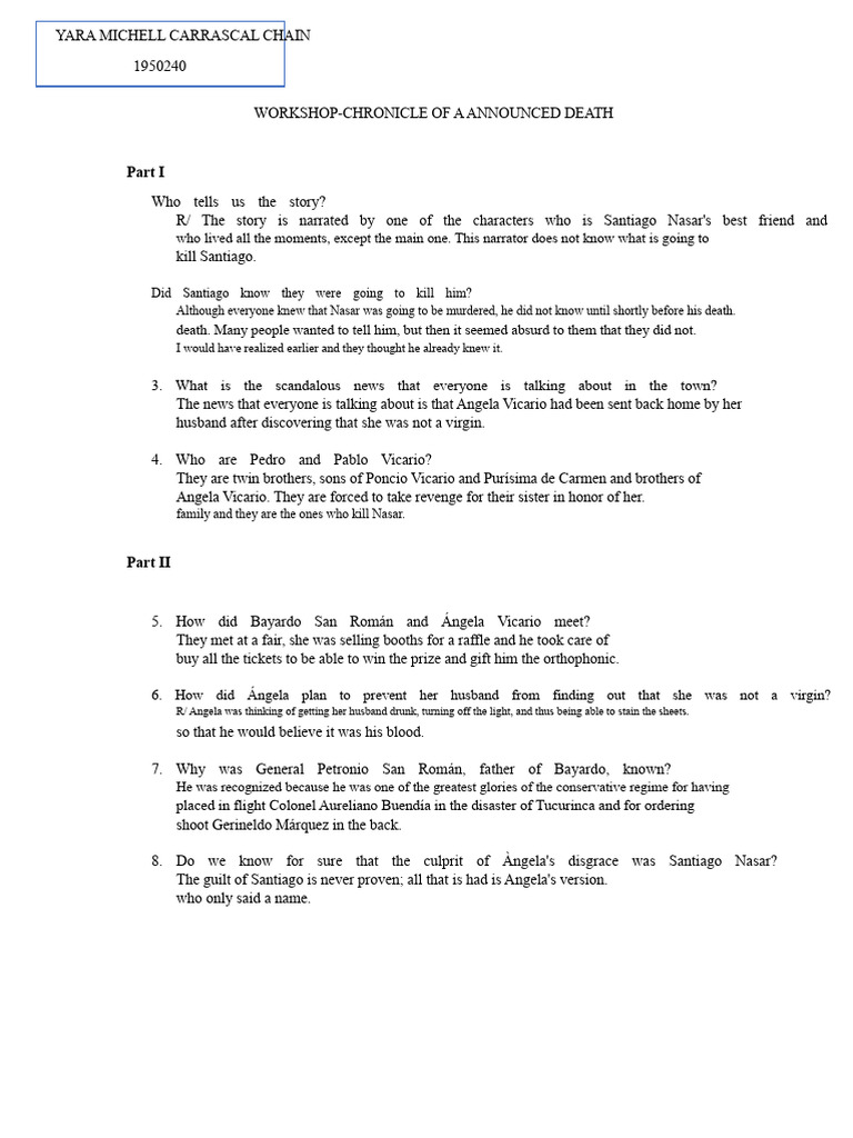 Questionnaire Chronicle of A Foretold Death-1950240 PDF | PDF