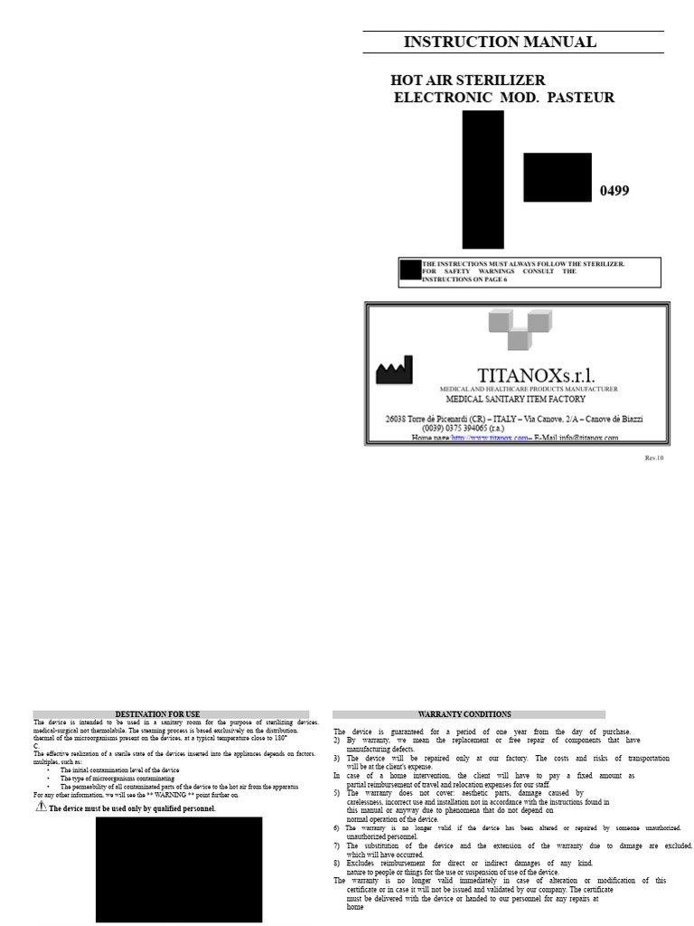 TITANOX S.R.L. INSTRUCTION MANUAL HOT AIR STERILIZER MOD. PASTEUR ...