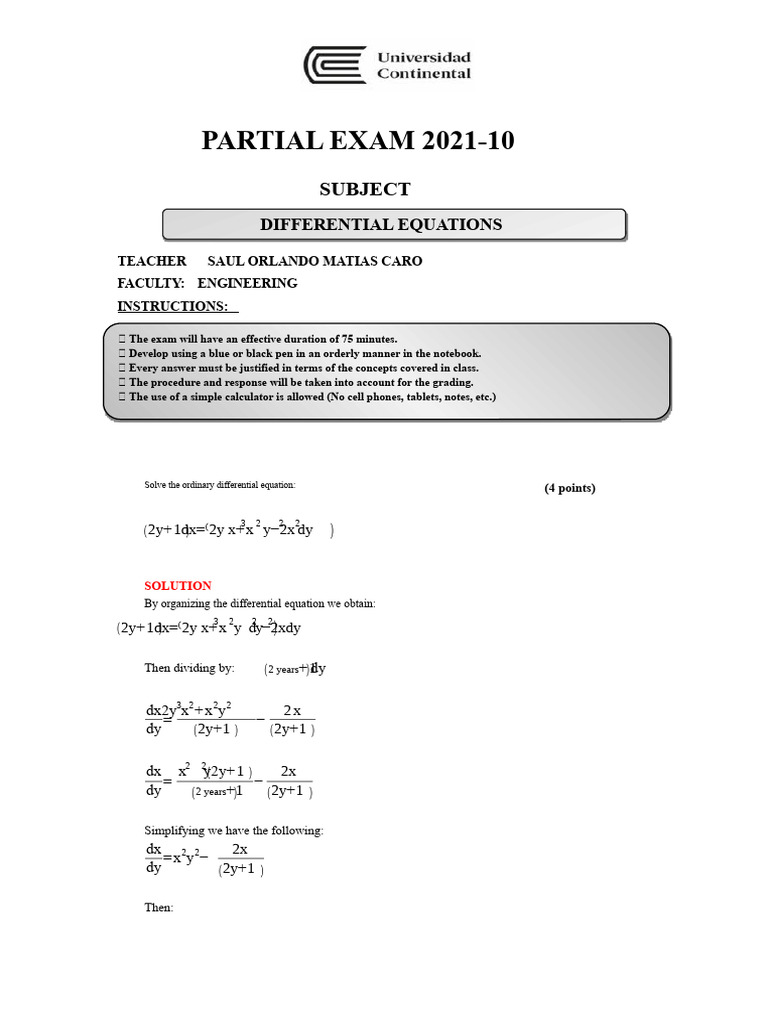Partial Exam A | PDF | Differential Equations | Calculus
