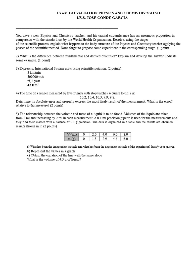 Physics and Chemistry Evaluation 3rd ESO | PDF | Chemical Reactions ...