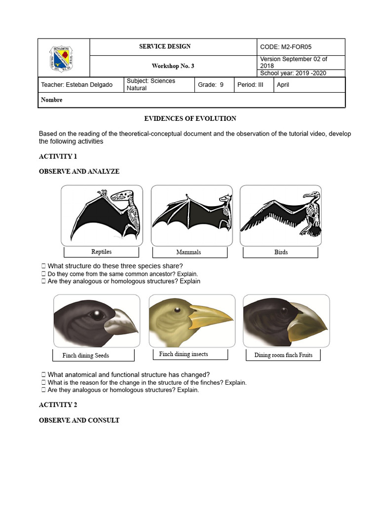 Workshop 3 - Evidences of Evolution - Activities | PDF | Homology ...