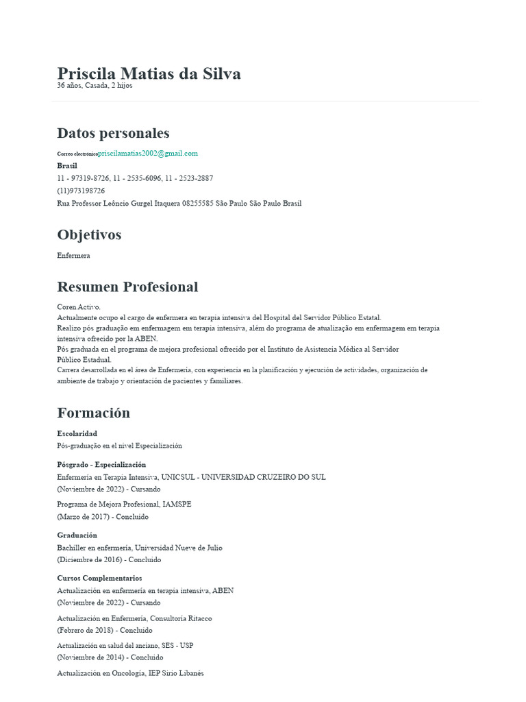 Currículum - Enfermera Priscila Matias | PDF | Enfermería | Unidad de ...