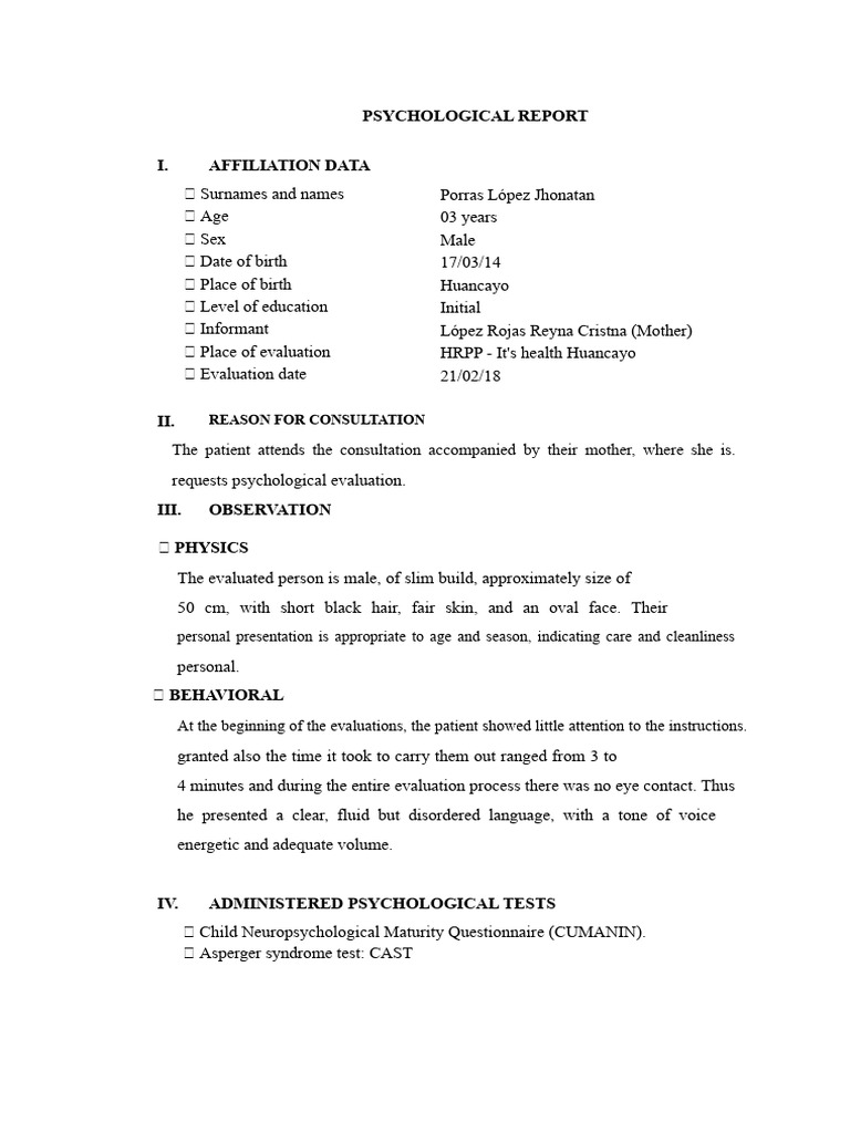 PSYCHOLOGICAL REPORT - Psychologist Magayly - 01 | PDF | Asperger ...