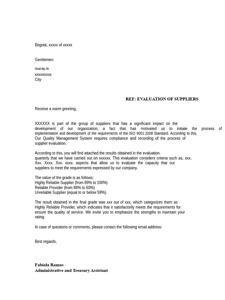 Supplier Evaluation Letter | PDF