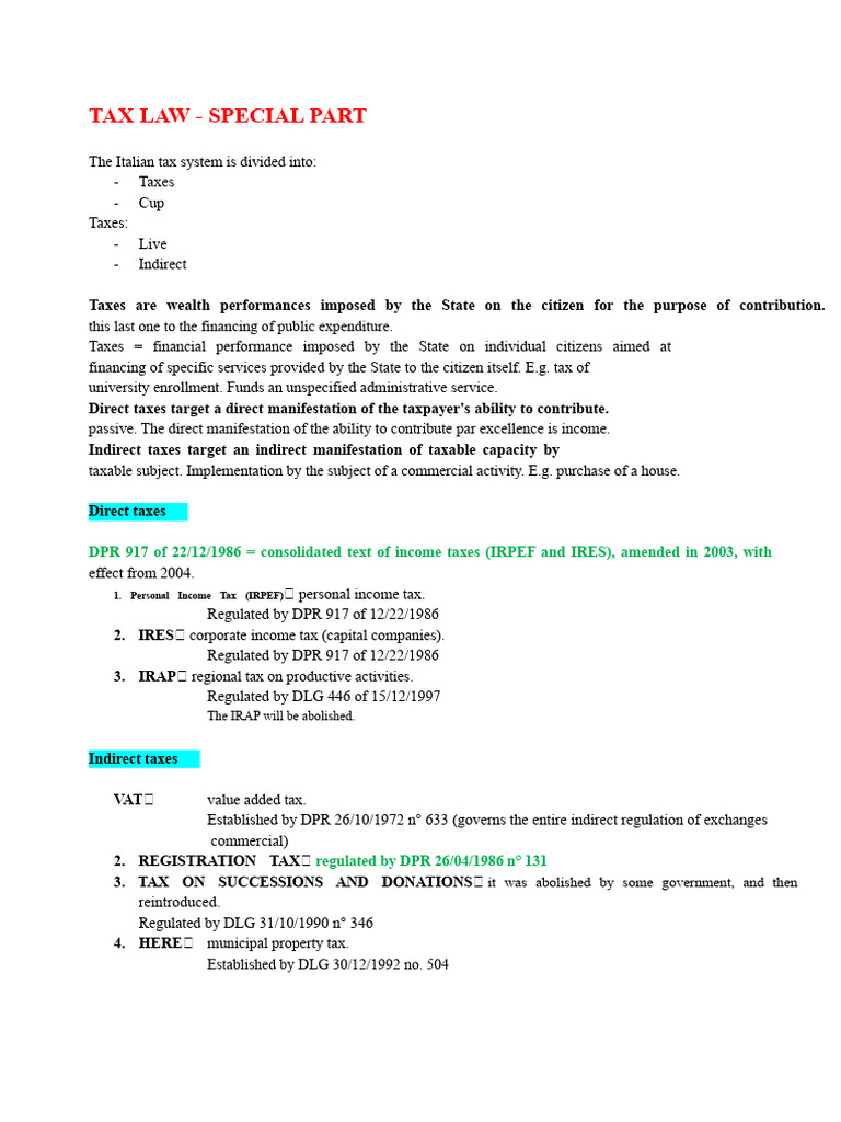 Summary of Tax Law Treasury - Special Part | PDF | Taxes | Value Added Tax