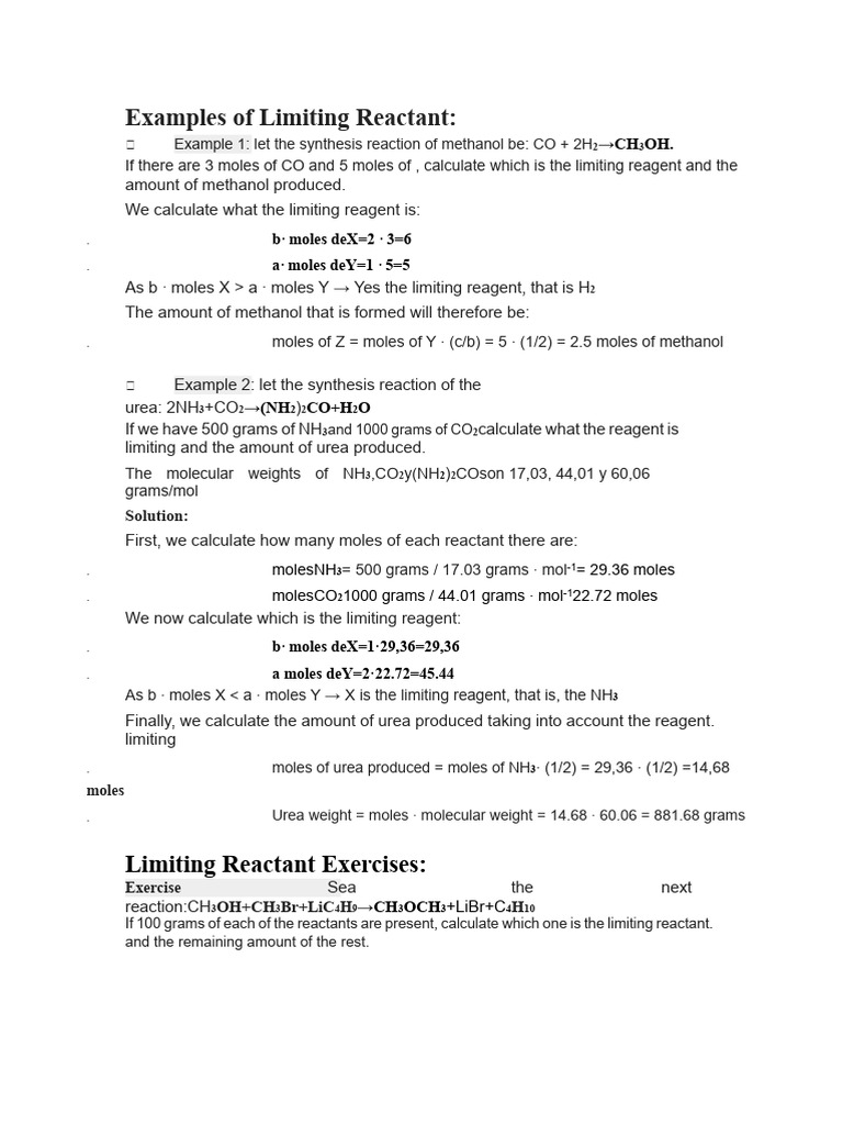 Limiting Reactant Examples and Exercises | PDF | Mole (Unit) | Organic ...