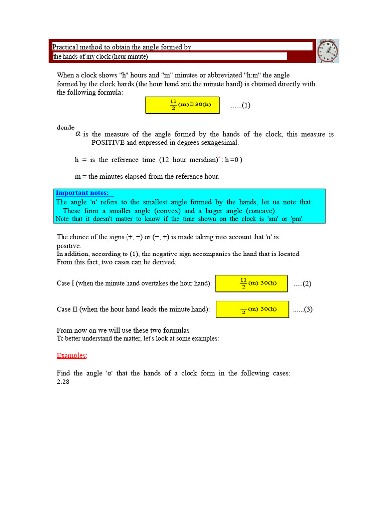 Practical Method To Find The Angle Formed by The Hands of A Clock | PDF ...