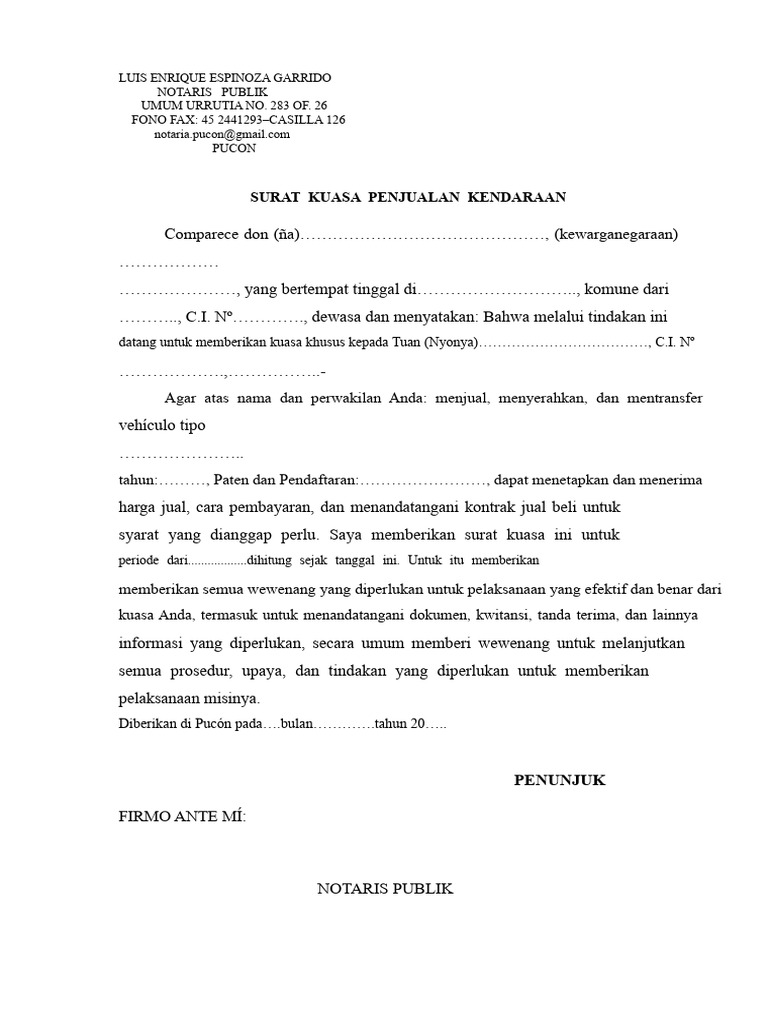 Surat Kuasa Penjualan Kendaraan Notaris | PDF