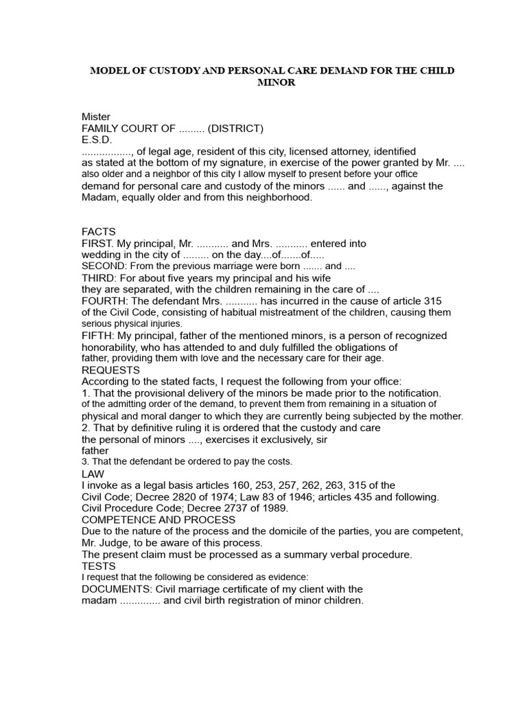 Model of Petition For Custody and Personal Care of The Minor Child ...