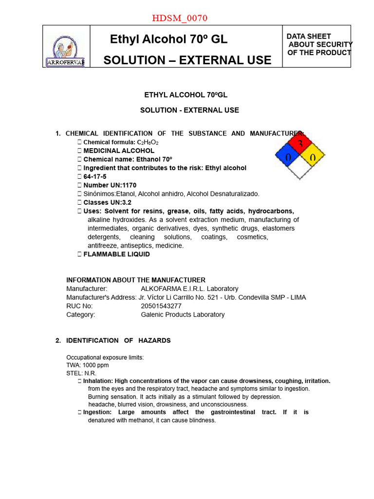 Ethyl Alcohol 70º GL Safety Data Sheet | PDF | Ethanol | Combustion