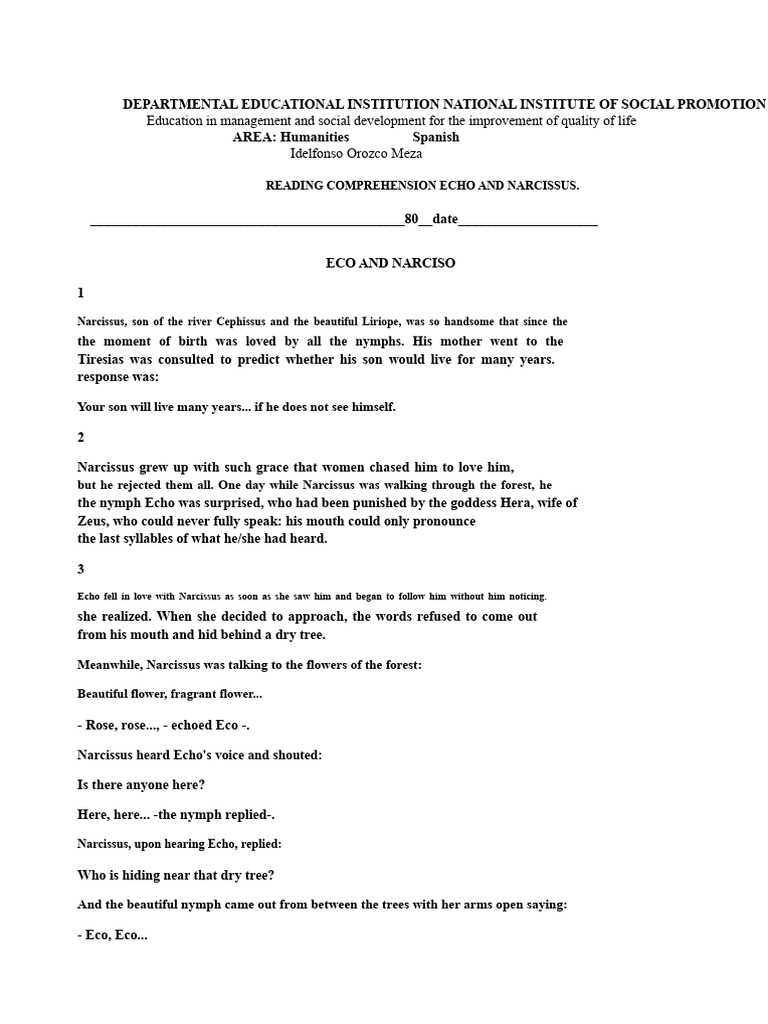 Echo and Narcissus Reading Comprehension Eighth | PDF